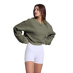 Hatant Sweatshirt for Women Acid Wash Athletic Hoodies Heritage Fleece V-neck Long Sleeve Hoodie Y2K Crop Pullover Women Sweatshirt Cotton Fleece Lined Hoodies Teen Workout Pullover Shirt Green-XL