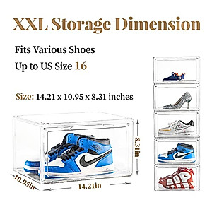 Clemate Acrylic Shoe Box,Set of 5,Extra Large Shoe Storage Boxes Clear Plastic Stackable,Shoe Containers with Clear door,Shoe Organizer For Sneaker Display,Easy Assembly,Fit for US Size 16(14.2"x 11"x 8.3")