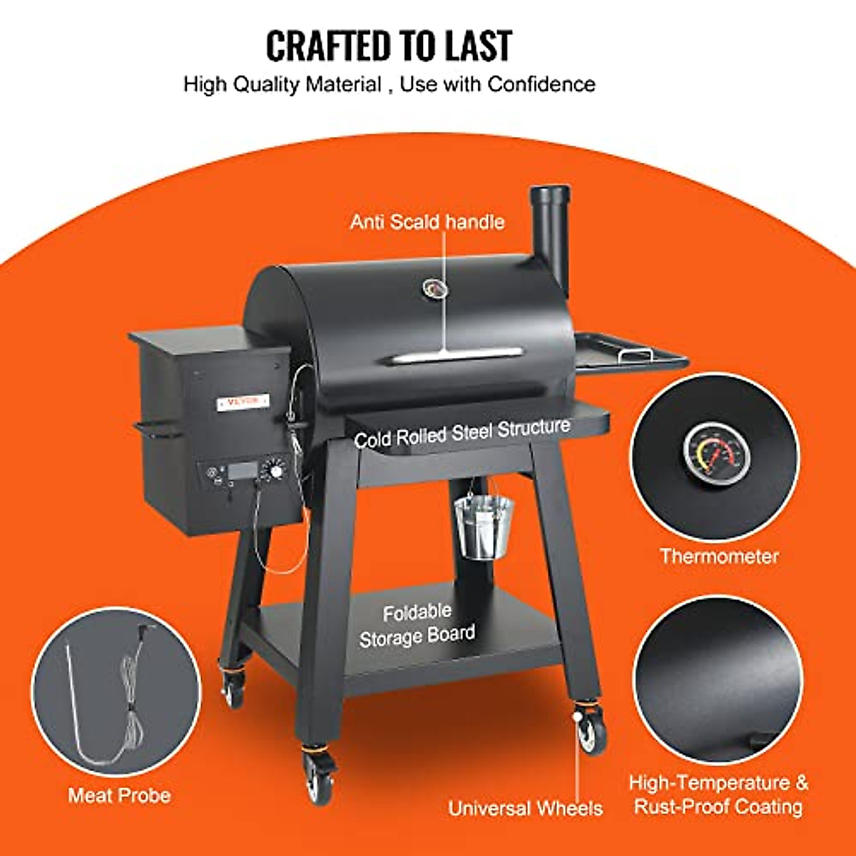 VEVOR Smoker Grill, Portable Wood Pellet Grill with Cart, 8 IN 1 BBQ Grill with PID Temperature Control for Outdoor Cooking, Barbecue Camping, Picnic, 730 sq, Patio and Backyard, Black