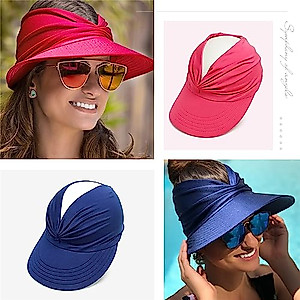 Sun Hat Women Beach Visor Cap UV Protection with Wide Brim Packable Summer Sport Ponytail Sun Cap Navy Blue