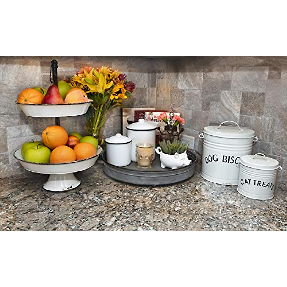Creative Co-Op Farmhouse Enameled Metal Canisters with Lids, White and Black, Set of 2 Sizes