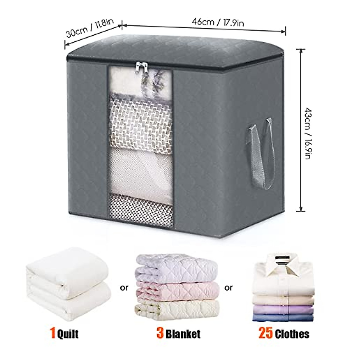 3 Pieces 90L Blanket Storage Clothing Storage Bag Foldable Non-Woven Bag Reinforced Transparent Window Moisture-Proof And Waterproof Reinforced Handle Double-Stitched Zipper Gray