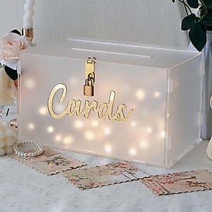 OurWarm Frosted Acrylic Wedding Card Box with String Light, Large Gift Card Box Holder for Wedding Reception, Honeymoon Fund Envelope Money Box for Party Graduation Baby Shower Birthday Decorations
