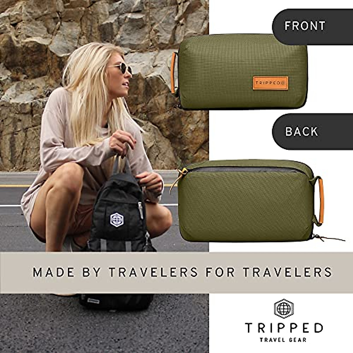 Tech Bag Organizer - Small Electronics Organizer Pouch for Travel - Premium Travel Case with Leather Accents - Mesh Pocket for Cables, Cords and Chargers - TRIPPED Travel Gear (Green)