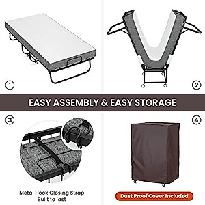 Karcog Folding Bed with Mattress, Rollaway Bed Storage Cover Included, Portable Foldable Guest Bed for Adults, Cot Size Fold up Bed with Memory Foam Mattress and Metal Frame on Wheels - 75” x 31"