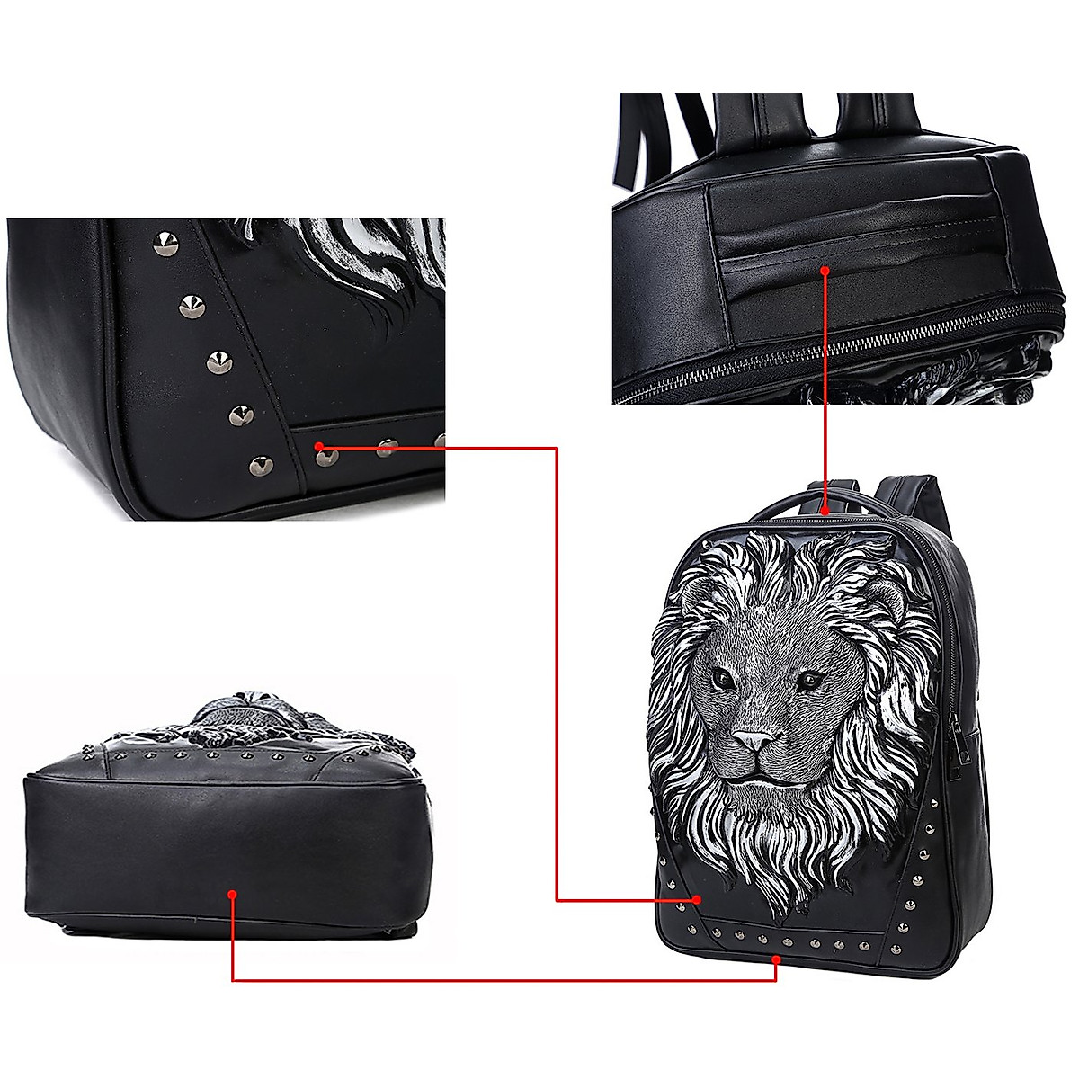 3D Animal Head Backpack, Studded PU Leather Cool Laptop Backpack College Bookbag (Lion-Black) One Size