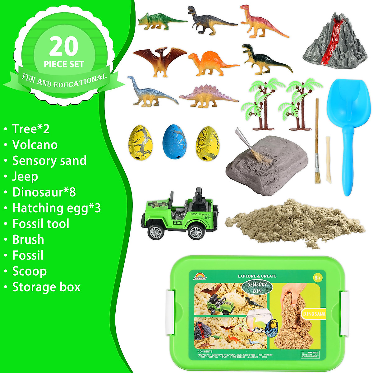 AGENTLAN Dinosaur Sensory Bin, Dinosaur Dig Sensory Toys with Play Sand for Toddlers Boys and Girls, Kids Toys Gift Sand Box for Age 3 4 5 6 7 8