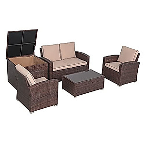 JOIVI PE Wicker Patio Furniture Set, 5 Piece Outdoor Sectional Conversation Sofa Set with Storage Box, Brown Rattan Loveseat Couch Sofa and Tempered Glass Table, Beige Cushions