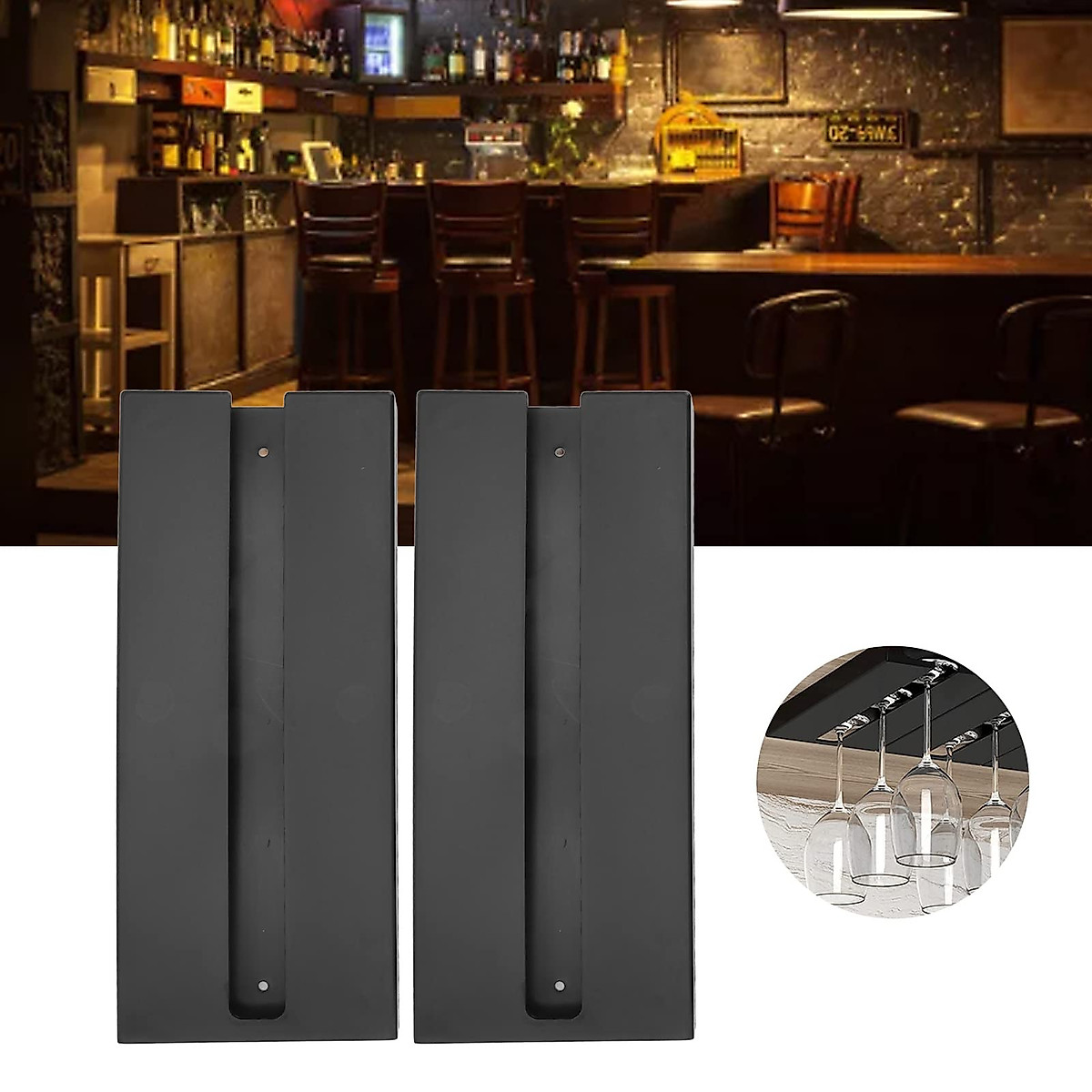 Wine Glass Holder Under Shelf, 2Pcs Black Red Wine Glass Holder Self Adhesive Plastic Wine Glass Rack Hanging Shelf for Home Counter Coffee Shop Bar Office