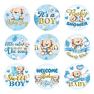 Clabby 504 Pieces Boy Girl Baby Shower Favors Stickers Mini Kisses Candy Stickers Chocolate Drop Labels Wrappers Little Cutie Baby Shower Decoration for Sprinkle Birthday Party(Blue Bear)