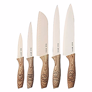 Rae Dunn Everyday Collection Set of 5 Stainless Steel Knives with Sheaths- Chef, Paring, Bread, Santoku Knives- (White)