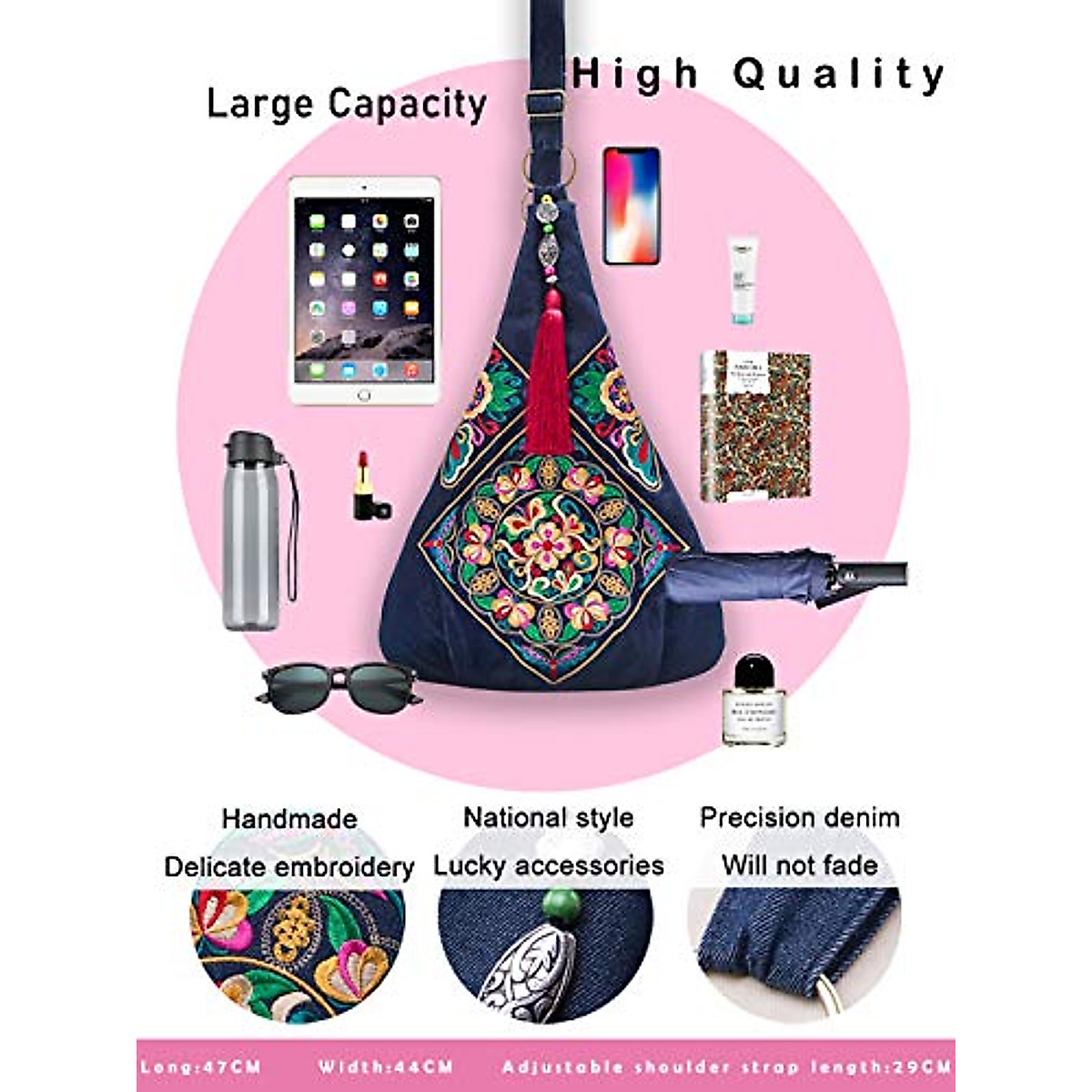 Women Crossbody Bag Fashion Hobo Shoulder Bags Casual Cross Body Denim Handmade Sling Bags,Heavy Embroidery Messenger Bag
