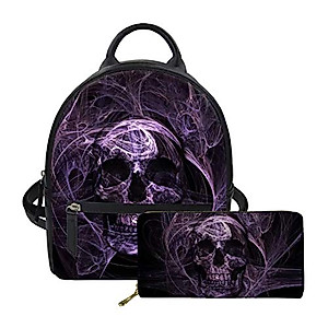 Freewander Purple Smoking Skull Print PU Leather Wallet Mini Backpack School Bag for Women 2pc