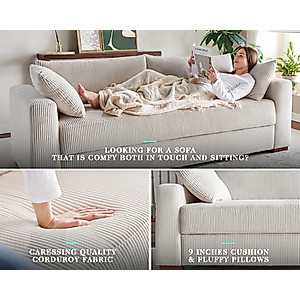 VanAcc Modern Sofa, Sofa Couch with Soft Corduroy Upholstered, 3 Seater Comfy Couch for Living Room Home Office-White Couch