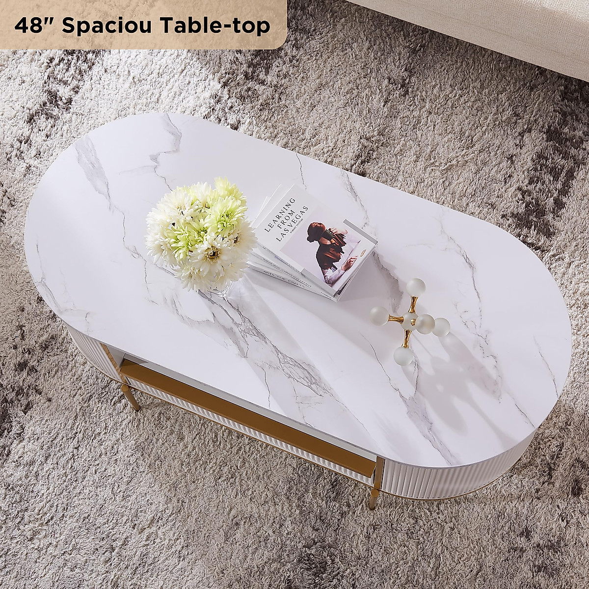 OKD Modern Luxury Fluted Coffee Table, 48" Oval Coffee Table with Drawer, Faux Marble Top, Curved Profile Design, Gold Metal Decor, Center Table for Living Room, Solid White