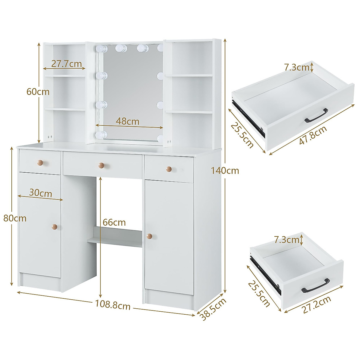 JBLCC Makeup Vanity Desk with Lights Mirror, Large Vanity Desk with Storage Shelf & Drawers,Makeup Vanity Dressing Table with Cushioned Stool for Bedroom (jbl 3072)