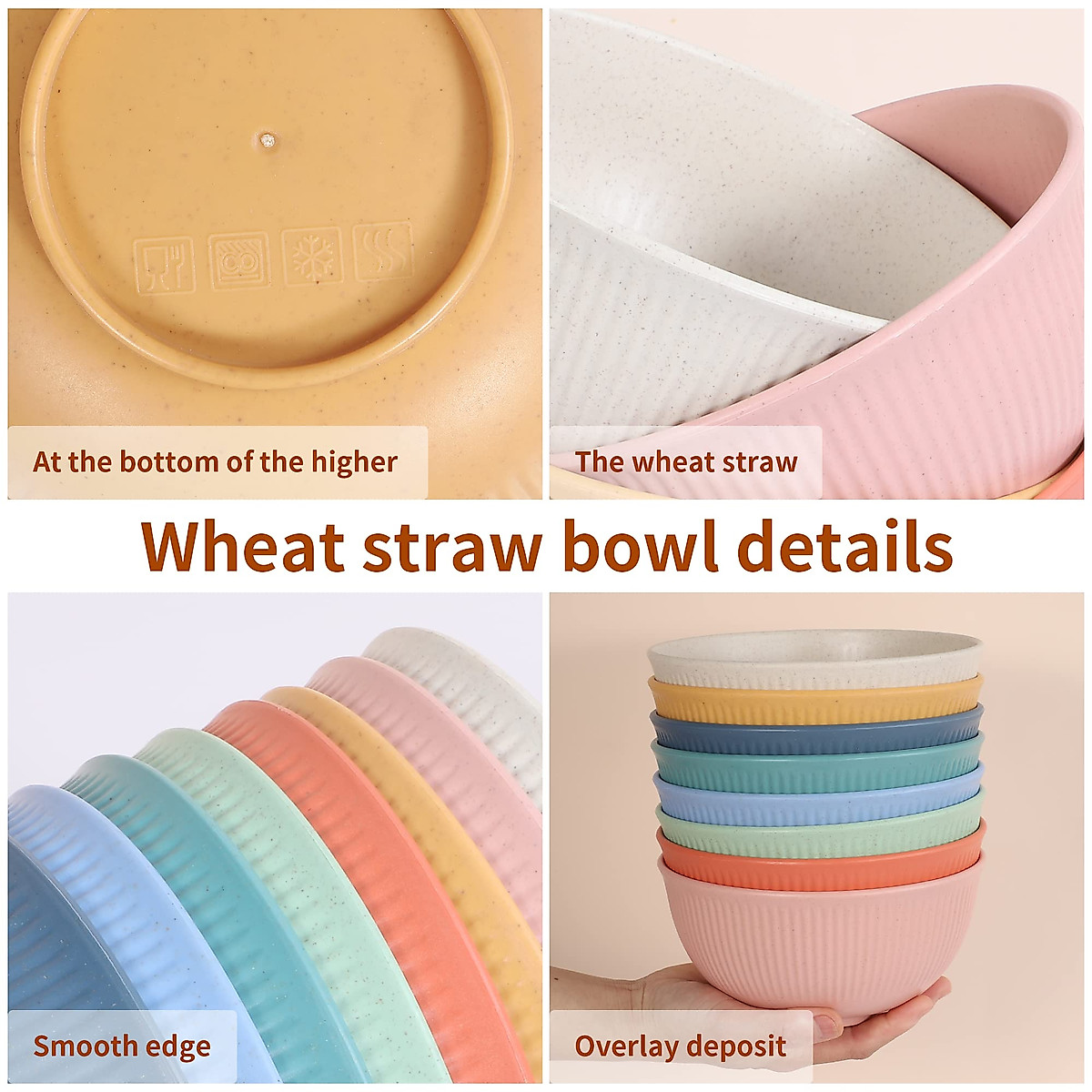 becutlery Reusable Bowls Set Unbreakable Cereal Bowls,24 OZ Wheat Straw Fiber Lightweight Bowl Sets 8, Microwave and Dishwasher Safe,Use for Ramen, Soup, Salad -Multi Color