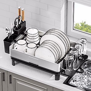 SanDream Dish Drying Rack, Stainless Steel Dish Rack for Kitchen Counter, Dish Drainer for with 360° Rotatable Drain Spout & Utensil Holder, Saving-Space Kitchen Organizer with Cups Holder, Black