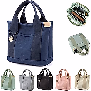 Calendarm Japanese Handmade Large Capacity Multi-pocket Handbag, Canvas Tote Bag with Pockets, Women Fashion Handbag (Dark Blue)