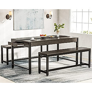 Tribesigns 63 Inch Large Dining Table Set for 4 to 6, Kitchen Breakfast Table with 2 Benches & Sided Drawer, 3-Piece Modern Industrial Bar Table Furniture for Dining Room, Gray Brown & Black