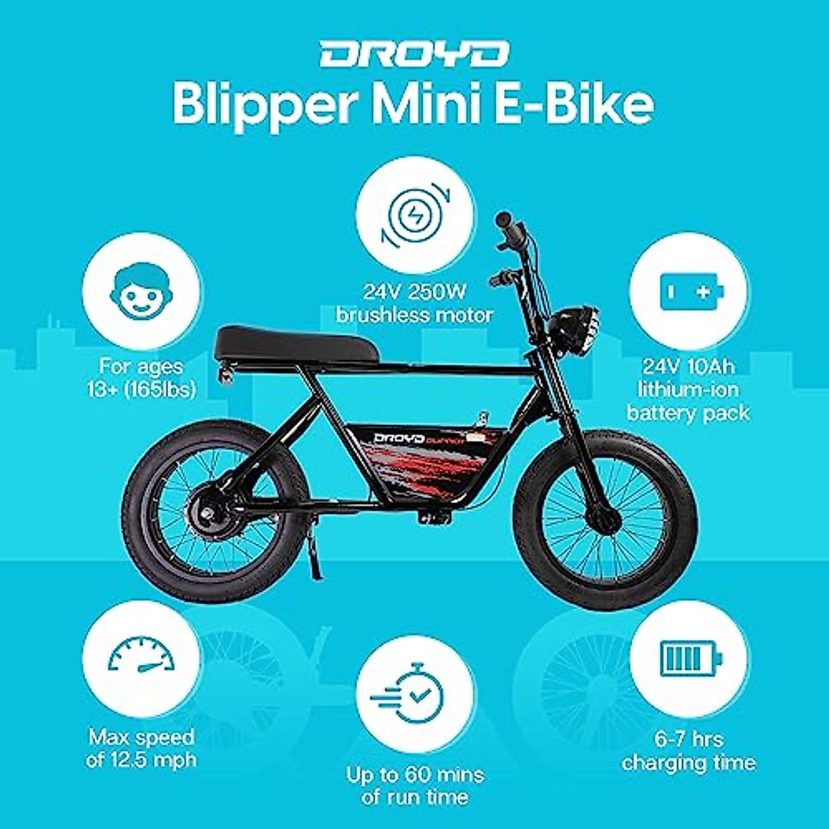 Droyd Blipper Electric Mini Balance Bike for Kids Ages 13+, 250W w 12.5MPH up to 12.5 Miles, up to 60 Mins Run Time w 16in Tire, 24V 10Ah Battery