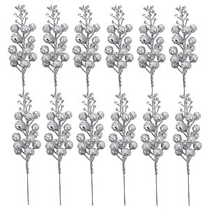 Toyvian 12Pcs Christmas Glitter Berries Stems, 7Inch Silver Artificial Berry Christmas Picks, Holly Berry Twig for Christmas Tree Decoration DIY Wreath Accessories Winter Holiday Decoration