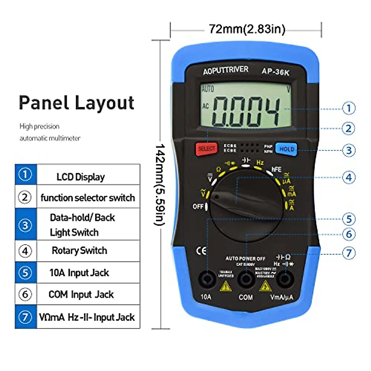 Digital Multimeter AP-36K 4000 Counts multimeter for Voltmeter Ammeter Ohmmeter with Test Leads Data Hold and Backlight LCD for DC/AC Resistance Diodes Transistor Buzzer Continuity