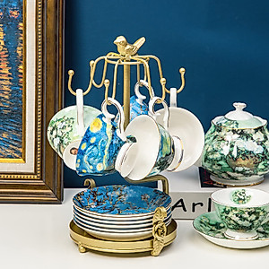 LWXPAIYY Coffee Mug Tree Holder,Tea Cup Storage Rack with Small Storage Area for Counter,Mug Holders Countertop for 6 TeaCups,Metal Coffee Mug Tree Stand Rack with 6 Hooks (Gold)