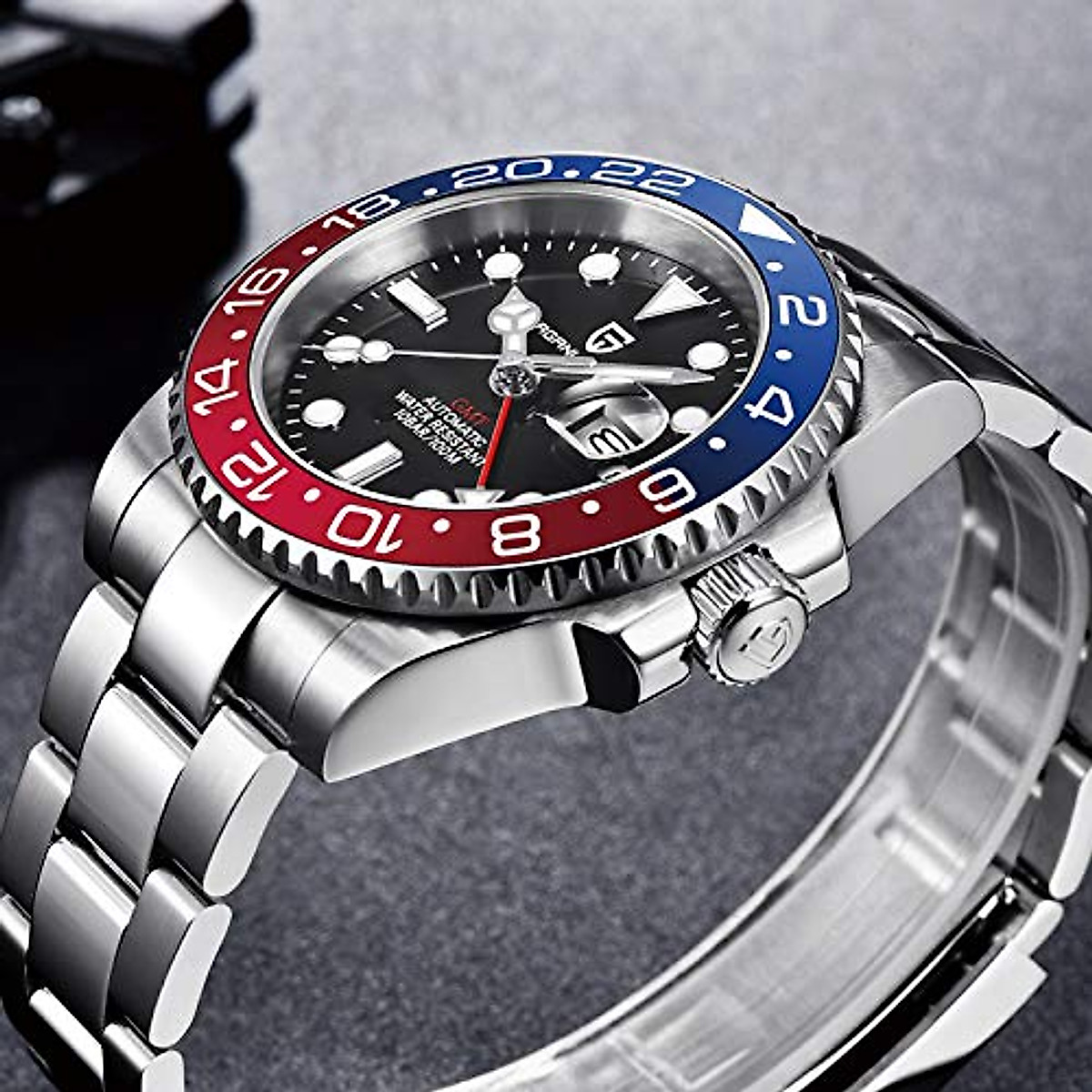 BY BENYAR Pagani Design Men GMT Automatic Watches-Fashion Stainless Steel Mechanical Watch-Sapphire Glass Lens Watch Men (Blue red)