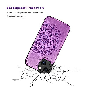 Vaburs Compatible with iPhone 13 Case Wallet with Card Holder, Embossed Mandala Pattern Flower PU Leather Double Buttons Flip Shockproof Cover for Magnetic Car Mount 6.1 Inch (Purple)