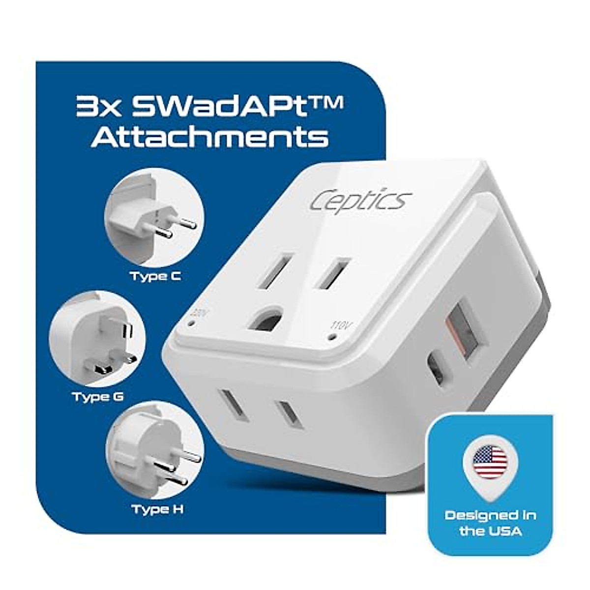Ceptics Israel, Jordan Power Plug Adapter Travel, 20W PD & QC, Safe Dual USB & USB-C 3.1A -2 USA Socket - Use in Jerusalem, Palestine, UAE - Includes Type H, Type C, Type G Swadapt Attachments