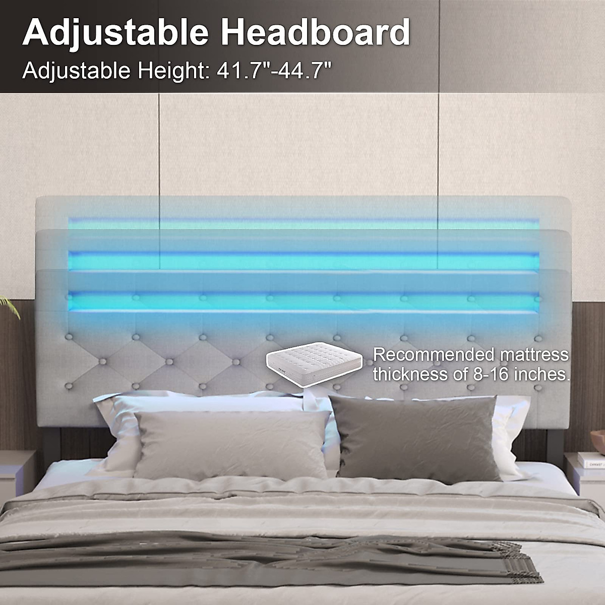 HOMFAMILIA Full Bed Frame with Headboard and Drawers, LED Bed Frame with Adjustable Storage & LED Lights Headboard, Upholstered Platform Bed with 2 USB Ports, No Box Spring Needed, Light Grey