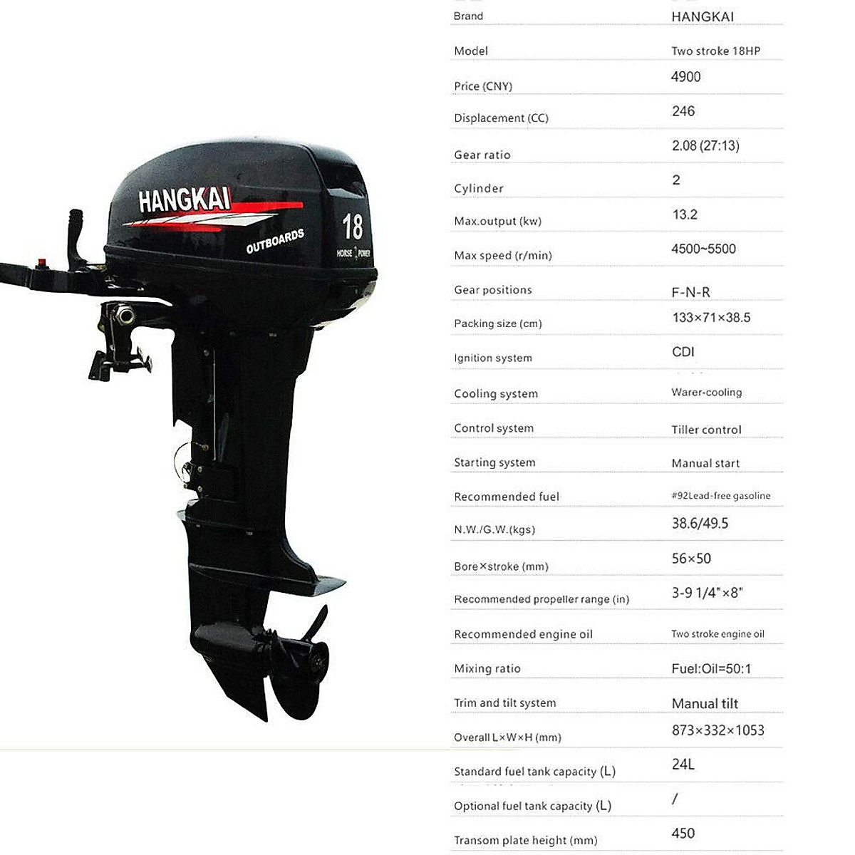 18HP 2-Stroke 246CC Outboard Boat Motors Boat Engine Marine Boat Engine W/Water Cooling System Short Shaft for Fishing Boat (2-Stroke 18HP)