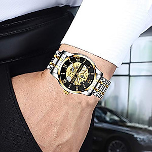 BIDEN Mens Watches Gold Mechanical Automatic Self-Winding Stainless Steel Skeleton Luxury Waterproof Diamond Dial Wrist Watches for Men