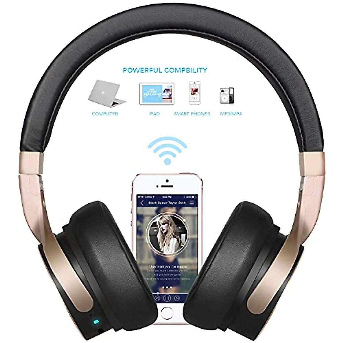 Riwbox BN5 Bluetooth Headphones Over Ear, Folding Stereo Headphones Wired Wireless with Mic Compatible for iPhone/iPad/TV/PC/Online Class/Home Office (Black&Gold)