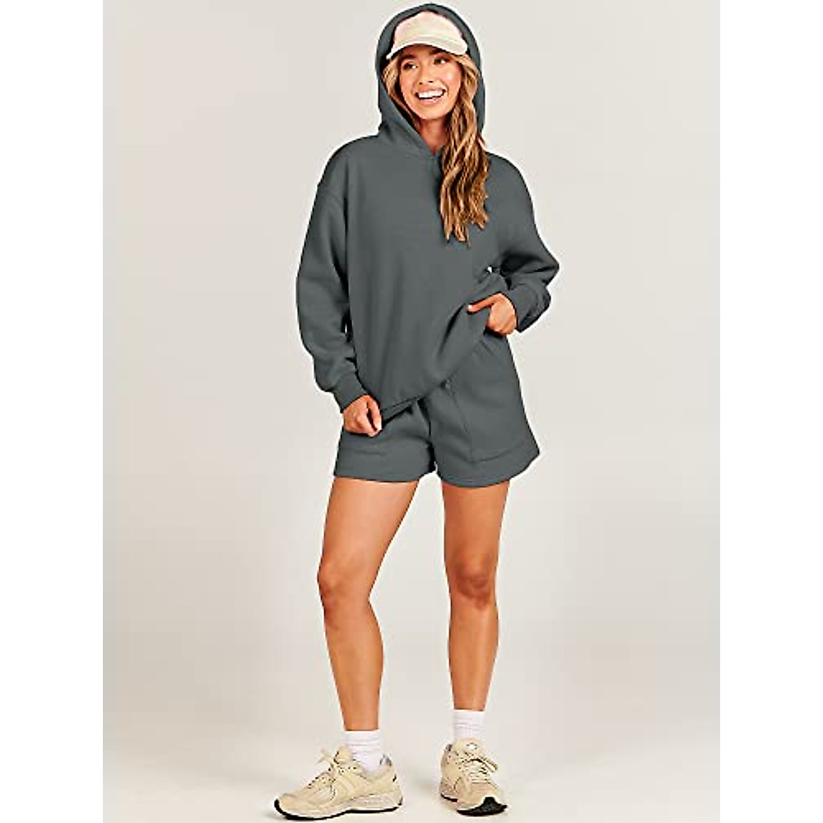 ANRABESS Women 2 Piece Outfit Oversized Hoodie Sweatshirt Shorts Lounge Sweat Set Sweatsuit Tracksuit 2025 Trendy Y2K Clothes Dark Grey Medium