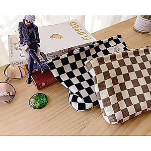 HAPPYHEIDI Women Checkered Corduroy Makeup Bag Cosmetic Pouch Purse Organiser, Canvas Lining, Cute Black White