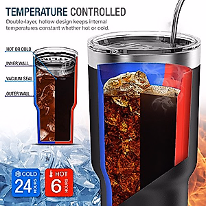 Atlin Tumbler [30 oz. Double Wall Stainless Steel Vacuum Insulation] - Black Travel Mug [Crystal Clear Lid] Water Coffee Cup [Straw + Handle Included]For Home, Office, School, Ice Drink, Hot Beverage