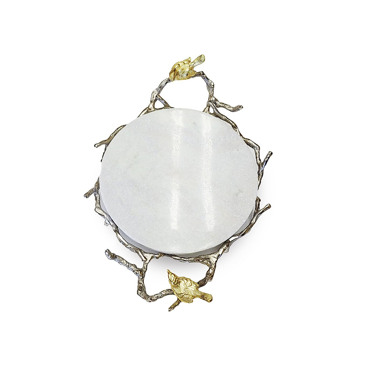 Vespa 17" Branch with Birds Decorative Round Marble Tray, White Marble