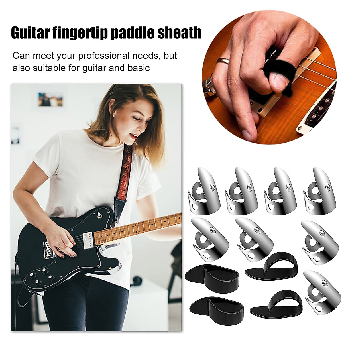 12pcs Adjustable Finger Thumb Picks Set Includes 8pcs Silver Stainless Steel Finger Picks and 4pcs Plastic Thumb Picks for Guitar Banjo Harp Bass Plectrum (Black)