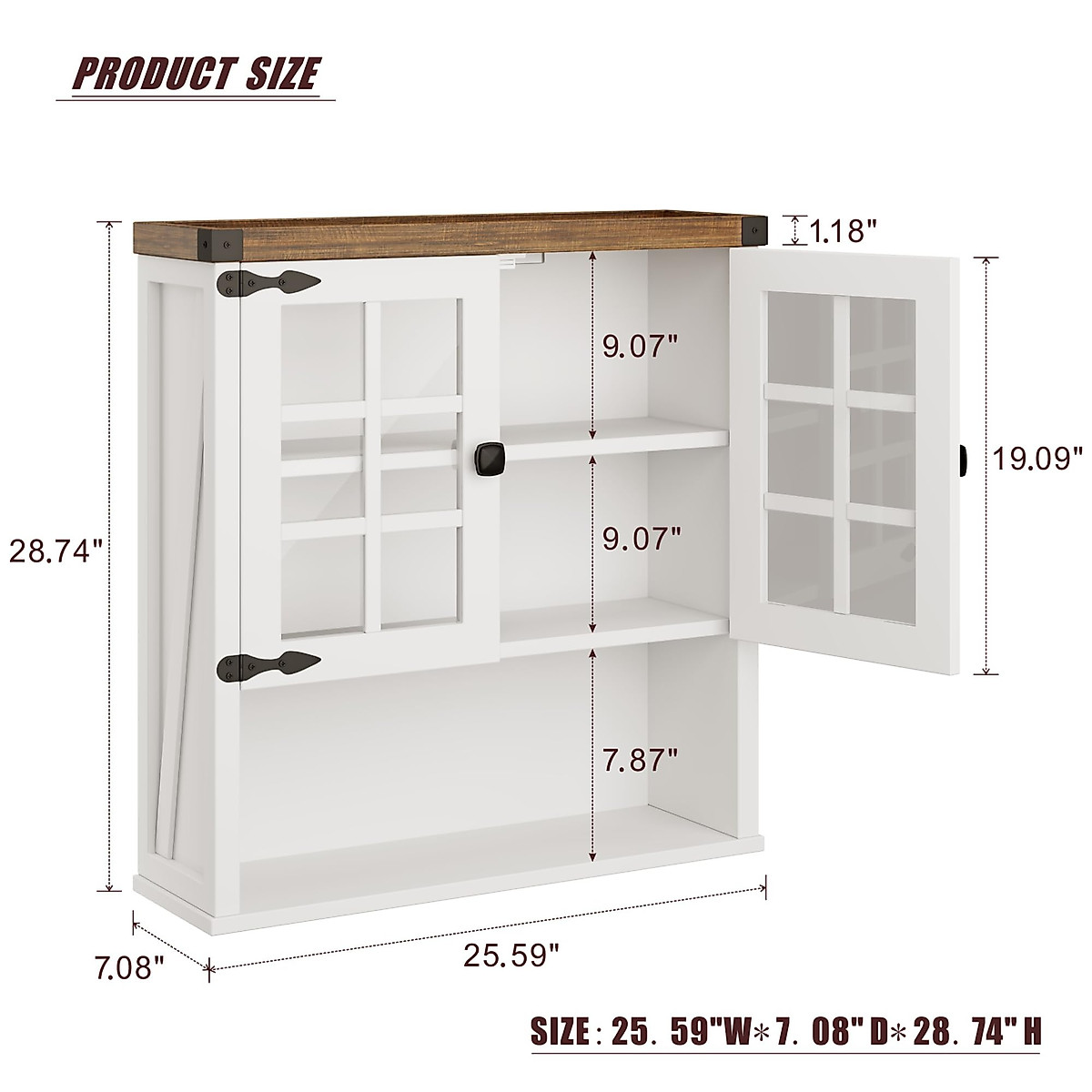 FREDEES Farmhouse Bathroom Wall Cabinet, Over The Toilet Storage Cabinet, Large Medicine Cabinet Organizer with 2 Doors and Shelf for Kitchen, Living Room, 26x29 inch, Antique White