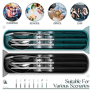 Kritkin 2 Sets Travel Cutlery Set 18/8 Stainless Steel Cutlery 6 Pcs Reusable Christmas Utensils Set with Case Portable Silverware Lunch Box for Camping School Office(Silver, Blackish Green, Black)