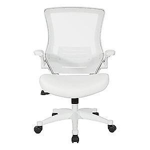 Office Star Ventilated White Screen Back Manager's Office Chair with Padded Flip Arms with White Nylon Base, White Faux Leather