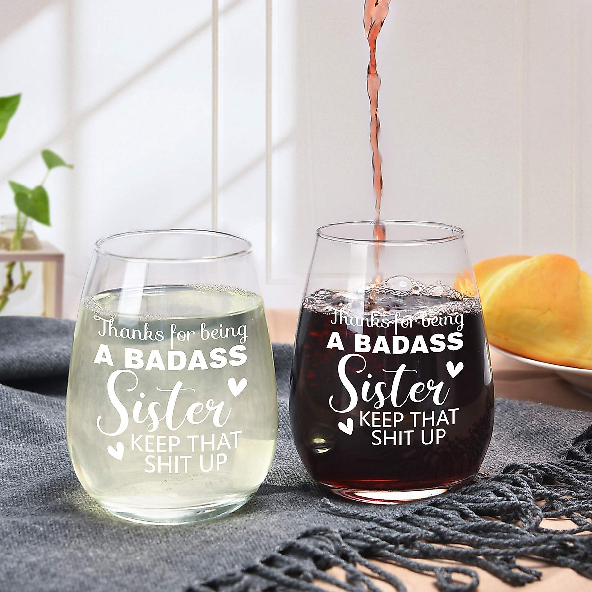 Thanks For Being A Badass Sister Keep That Up Stemless Wine Glass, Sister Wine Glass for Sister in Law Girl Friend Soul Sister Graduation Birthday Congratulation Christmas, Funny Gift for Sister