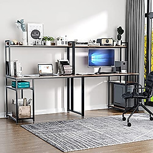 HOMCOM 94.5in Industrial Double Computer Desk with Hutch and Storage Shelves, Extra Long Home Office Writing Table 2 Person Workstation, CPU Stand, Brown Wood Grain