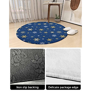 Navy Gold Snowflake Fluffy Round Area Rug Carpets 3.3ft, Plush Shaggy Carpet Soft Circular Rugs, Non-Slip Fuzzy Accent Floor Mat for Living Room Bedroom Nursery Decor Christmas Minimalist White Blue