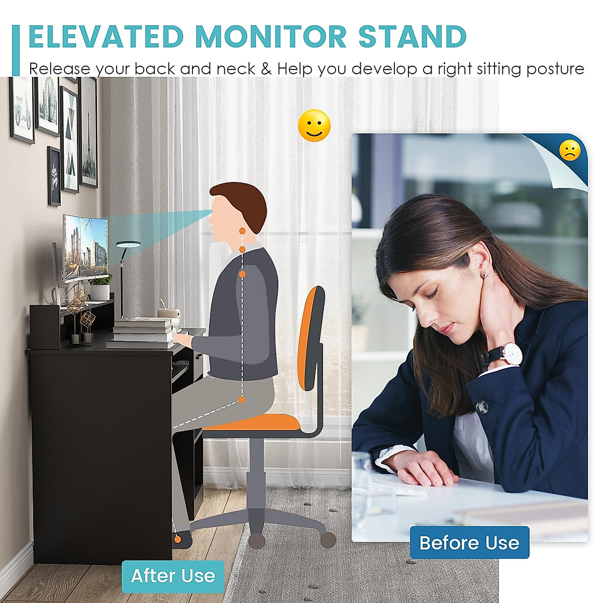 HAPPYGRILL Computer Desk with Monitor Stand, Home PC Office Desk with Keyboard Tray, Drawer & CPU Stand, Study Writing Desk Home Workstation Desk with Display Shelf