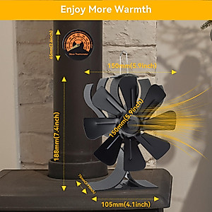 ELUTENG Wood Stove Fan 8 Blades Heat Powered Stove Fan Silent Fireplace Fan with Magnetic Thermometer Quickly Warm Air Stove Fanfor Home Wood, Log Burner, Fireplace (Black)