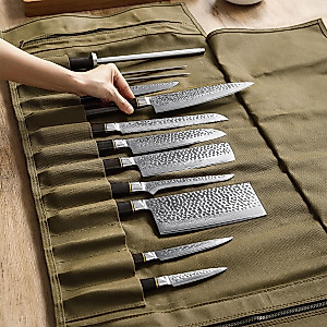 HEZHEN Chef Knife Roll Bag 16oz Oil Waxed Canvas, Heavy Duty Portable Backpack Knife Case Storage, 12 Slots & 2 Zipper Pockets, Detachable Adjustable Leather Shoulder Strap Belt（Not Included Knives）