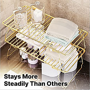 BENOLDY Rustproof Foldable Gold Metal Wire Kitchen Cabinet Storage Rack - Stackable Shelf Organizer for Plates, Dishes, Counters & Pantry Organization
